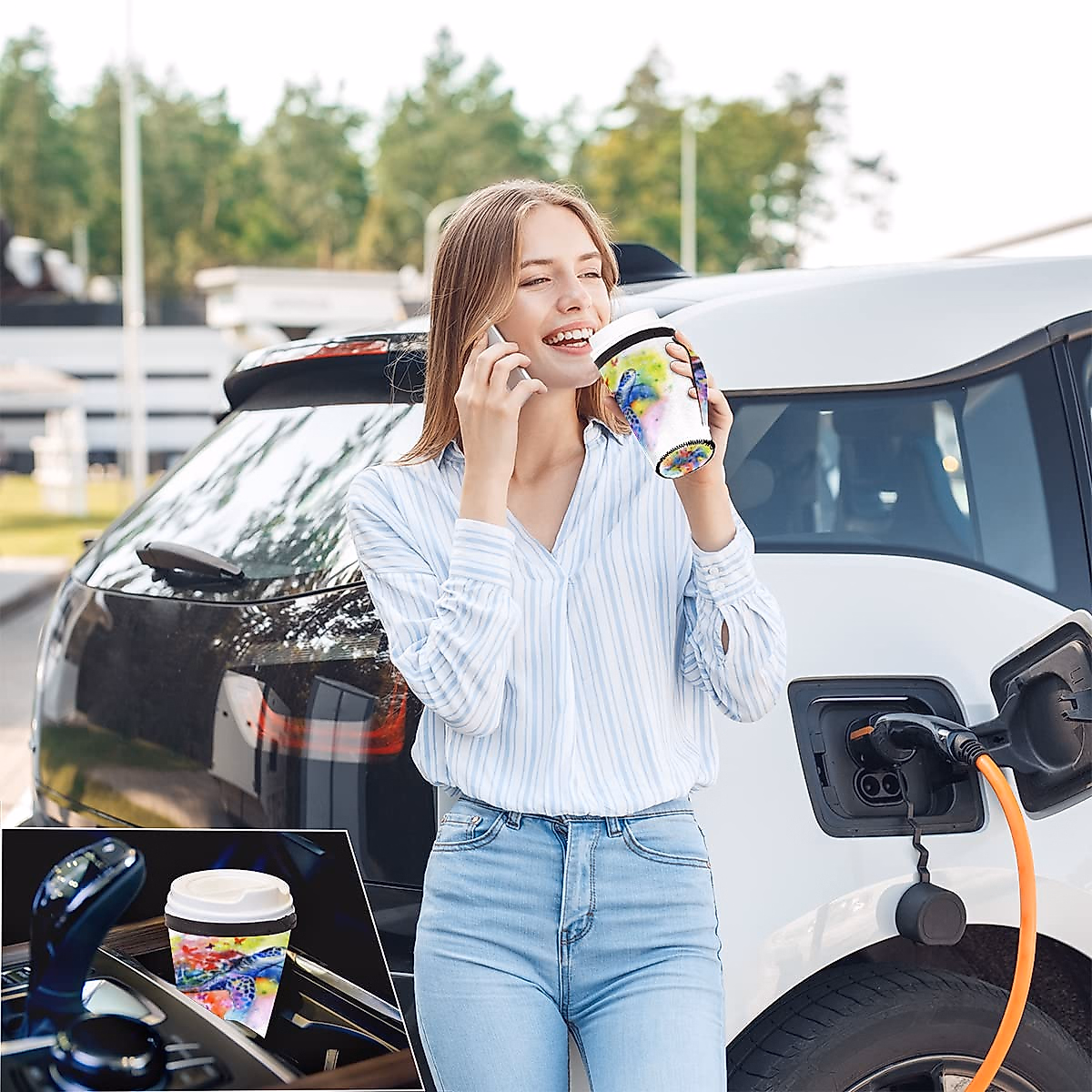 Colorful Sea Turtle Animals Reusable Iced Coffee Sleeves Neoprene Sleeve Cup Cover with Handle for Cold Drinks Beverages Drink Sleeve Holder 30-32oz