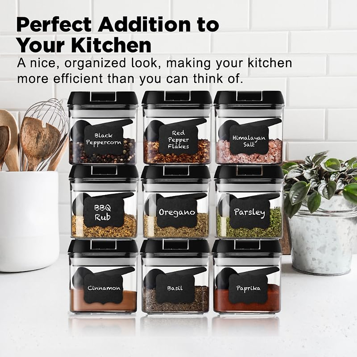 Shazo 9 Pc Airtight Food Storage Containers Set with Lids Plastic Kitchen Cabinet & Pantry Organization Canister Set for Spices, Herbs, Coffee & Tea - BPA Free - 9 Spoons