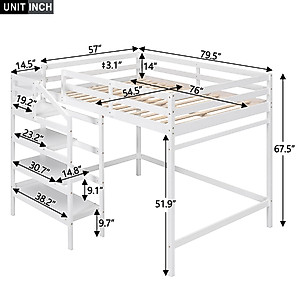Full Loft Bed with Stairs Wood Frame Storage Shelves and Hanging Rod White Beds for Kids Boys Girls Adults Teens Dorm Bedroom, Full Size White With Stairs