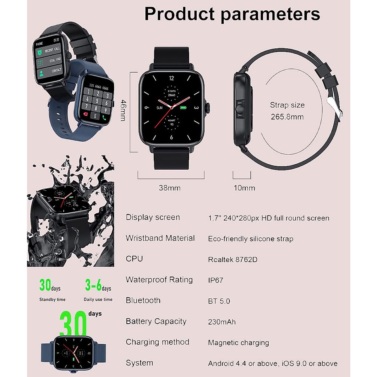 Carlinvi Smart Watch for Men and Women Bluetooth Waterproof SmartWatch with 1.7" Touch Screen Activity Tracker with Step Calorie Counter Heart Rate Monitor for Android & iOS Phones