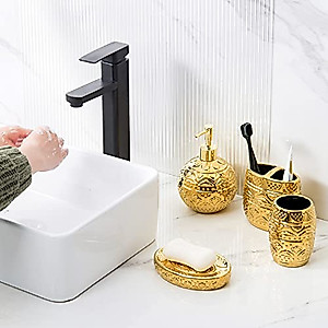 RXLVCKY Gold Bathroom Accessory Set, 5-Piece Ceramic Bathroom Decorations Accessories Sets Includes Lotion Dispenser, Toothbrush Holder Tumbler and Soap Dish