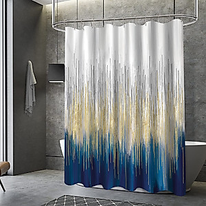 Ouyisha Blue and Gray Ombre Shower Curtain Navy Gold Modern Abstract Shower Curtains for Bathroom Contemporary Oil Painting Striped Fabric Shower Curtain Set Waterproof with Hooks, 72" X 72"
