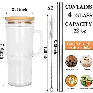 Ensccant 4Pack Glass Tumbler Cups with handle, 22oz Reusable Iced Coffee Cup with Bamboo Lid and Straw - Mason Jar Drinking Glasses for Cocktail, Beer, Smoothie Boba Tea, Juice - Non-slip Cup