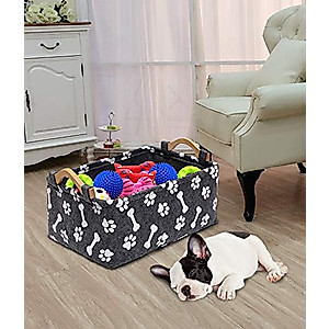 Geyecete dog toy box bin storage basket bins - with Wooden Handle, Printing felt Pet supplies storage Toy Chest Storage Trunk-Gray