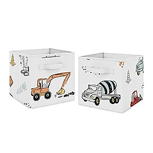 Sweet Jojo Designs Construction Truck Foldable Fabric Storage Cube Bins Boxes Organizer Toys Kids Baby Childrens - Set of 2 - Grey Yellow Orange Red and Blue Transportation