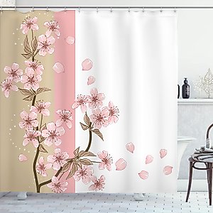 Ambesonne Japanese Shower Curtain Farm House Bathroom Decor Romantic Sakura Blooms Flower Petal Spring Eastern Nature Theme Cloth Fabric Set with Hooks for Vintage Floral Look 69" W x 75" L Sand Brown