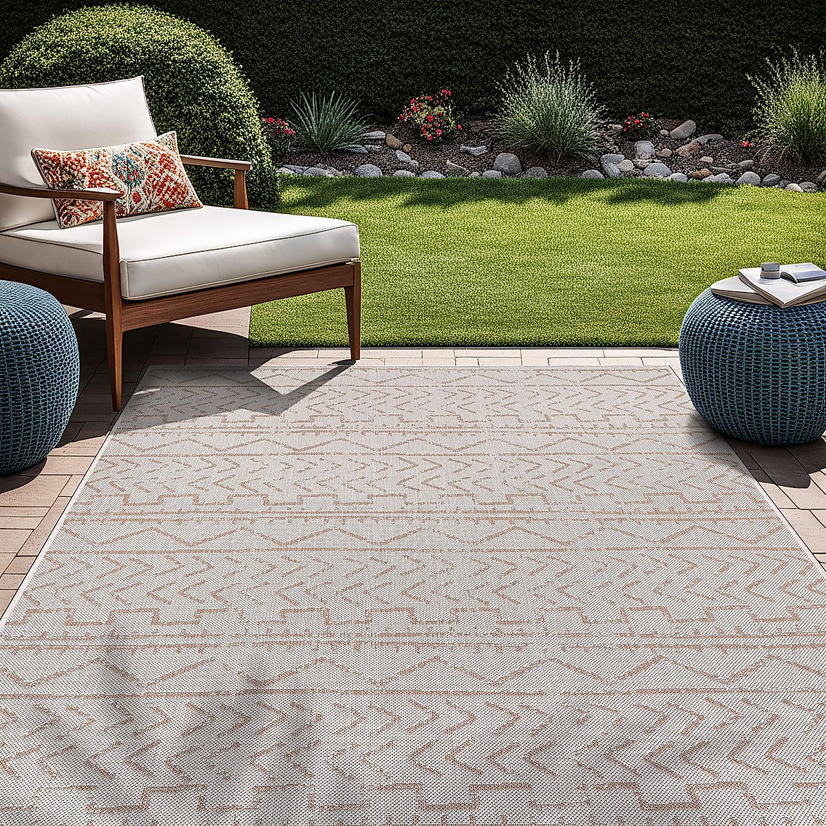 Beverly Rug Waikiki Indoor Outdoor Rug 6x9, Washable Outside Carpet for Patio, Deck, Porch, Trellis Area Rug, Water Resistant, Beige - White