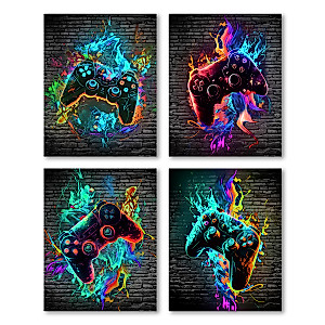 Gamepad Abstract Wall Art,Graffiti Game Controller Poster,Canvas Printsfor Boy Bedroom Decor,8x10 inches Unframed Set of 4.