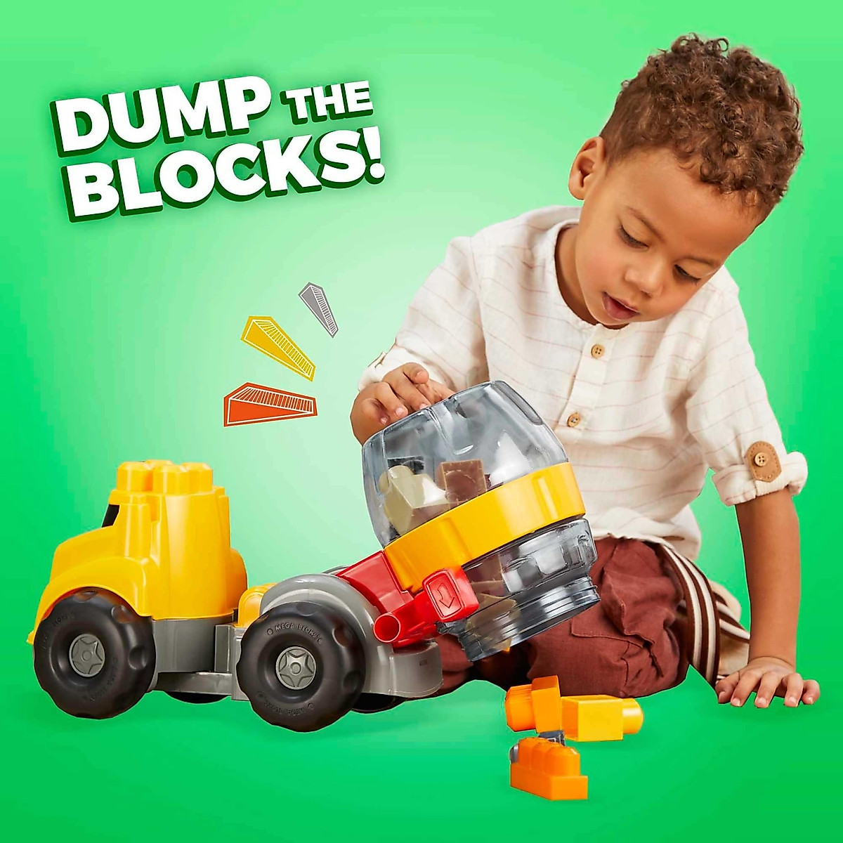 Mega BLOKS Cat Toddler Blocks Building Toy Set, Cement Mixer Truck with 9 Pieces and Storage, Yellow, Ages 1+ Years