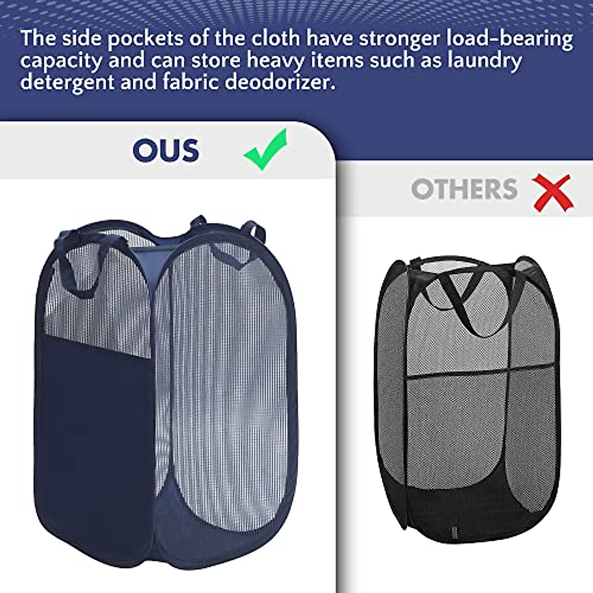 STORAGE MANIAC Pop-Up Mesh Clothes Hamper, Foldable Laundry Hamper, Side Pocket|Durable Handles|Enlarged Opening, 2- Pack