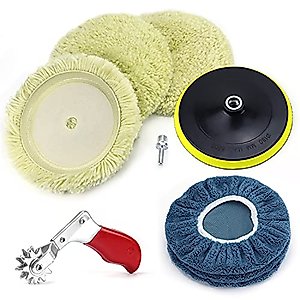 POLIWELL Wool Buffing Pads 7 Inch Set 100% Wool Buffing Pad Hook and Loop 3Pack, 5/8-11T Shark Backing Pad Kit, Cleaning Spur Tool + 7” Waxing Bonnet Pads 3pcs for Compound Cutting & Polishing, 9Pack