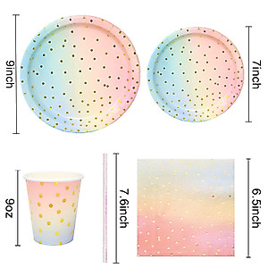 200 Pcs Pastel Party Decorations,Golden Dot Disposable Paper Plates Set,Pastel Plates and Napkins Party Supplies for Birthday Baby Shower Wedding Rainbow Party