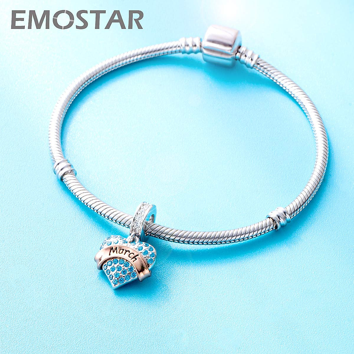 March Birthstone Charms fits Pandora Style Bracelet, Sparkling Pave Heart Aquamarine CZ Forever Love Pendant in 925 Sterling Silver, Gifts for Christmas/Mothers/Valentines Day