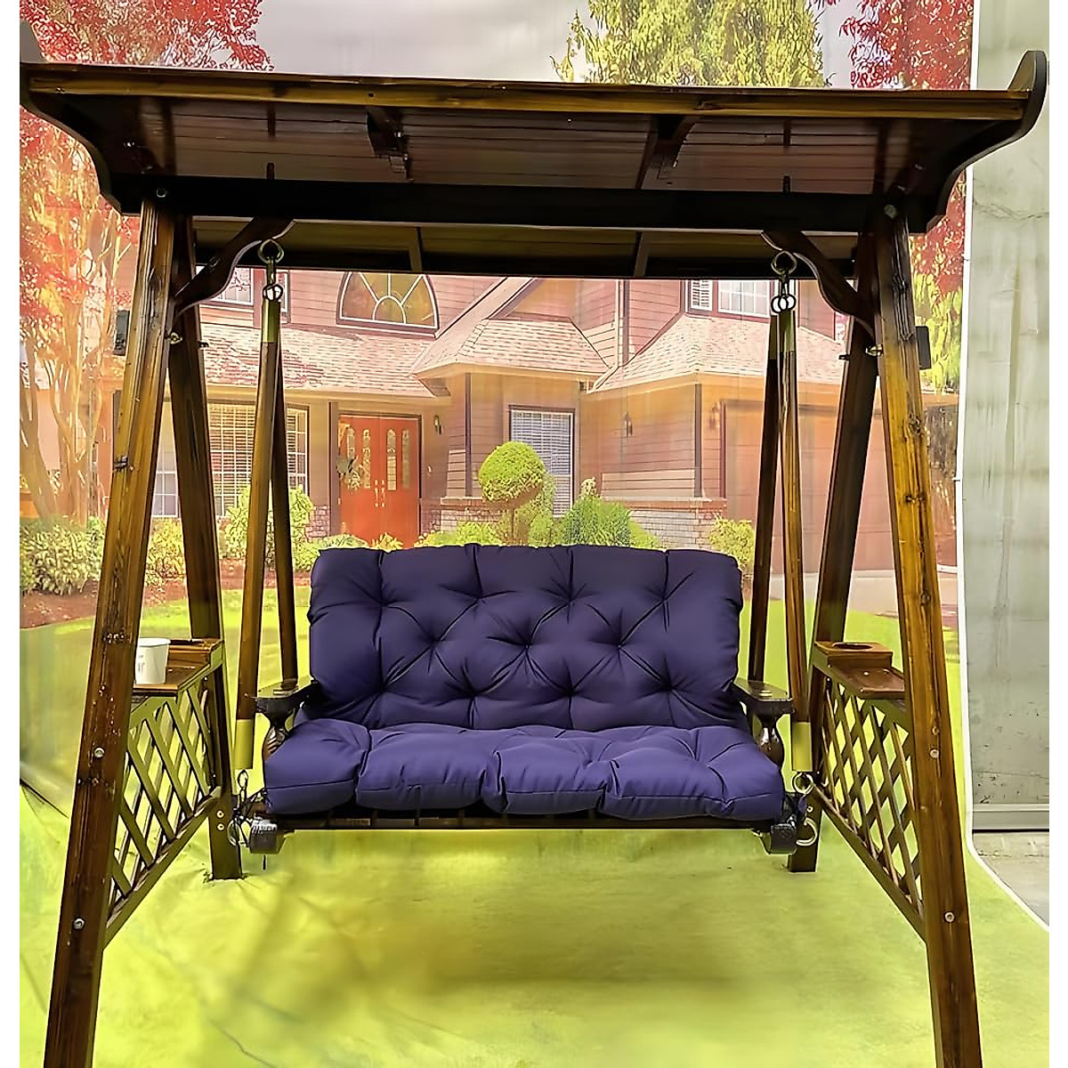 Waterproof Thicken 5"outdoor swing cushions 2-3 Seater Washable Swing Replacement Cushions High elastic PP cotton filling,for garden patio loveseat Pad,non-slip-with fixed rope,47"x40"/Lake Blue