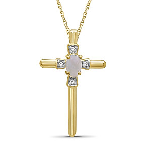 JEWELEXCESS Gold Cross Necklaces for Women – 14k Gold Cross Necklace for Women Over .925 Sterling Silver Cross – 4k Opal Necklace Centerpiece, White Diamond Accents – Hypoallergenic Cross Pendant