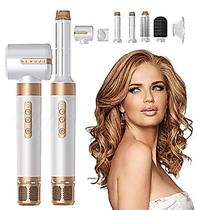 Hot Air Hair Blow Dryer Brush Set, 7 in 1 Hot Air Brush Styler Dryer and Volumizer with Negative Ion Anti-frizz 110,000 RPM High Speed Hair Brush Blow Dryer Straightener for Women, Gold White