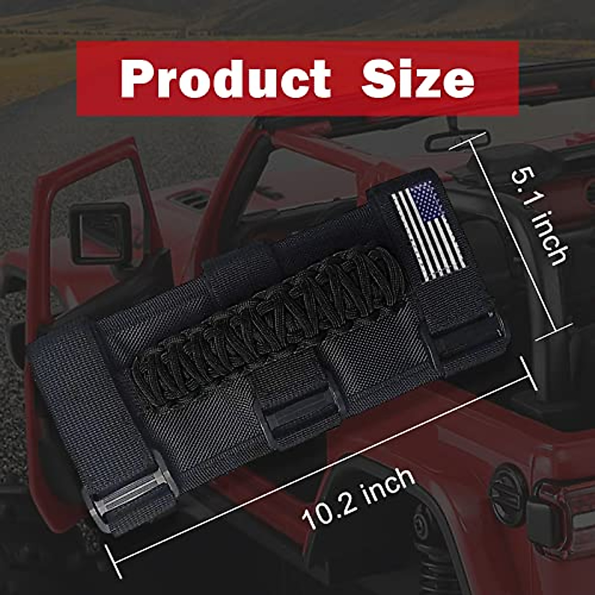 Miytsya 2 Pack Roll Bar Grab Handles Grip Handle, for Jeep Wrangler YJ TJ JK JL & Gladiator JT 1955-2022 UTV ATV, 10.2In x 5.1In 3 Straps Fixed American Flag Pattern Car Roof Handles Strap (Black)