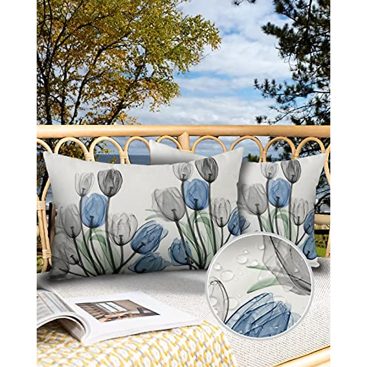 Vandarllin Outdoor Throw Pillows Covers 12X20 Set of 2 Waterproof Gray Blue Tulip Decorative Zippered Lumbar Cushion Covers for Patio Furniture, Spring Summer Flowers Floral