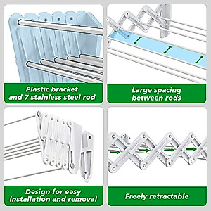 NUTSAAKK Wall Mounted Drying Rack Clothing for Laundry Foldable, Clothes Drying Rack Folding Indoor, Laundry Drying Rack with 7 Rods, Accordion Retractable for Laundry/Bathroom (White)