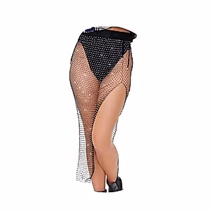 Lorealri Crystal Mesh Skirt Black Rhinestone Fishnet Cover Up Skirt Split See Through Dress Swimsuit Night Club Coachella Outfits Belly Accessories Jewelry for Women and Girls