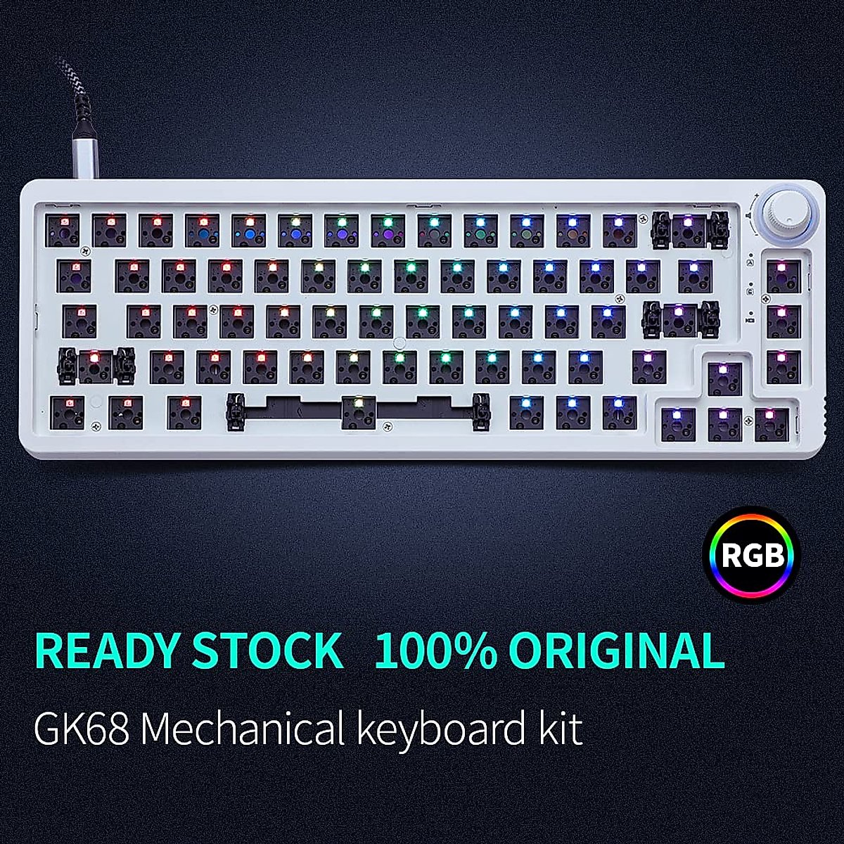 GK68 RGB Hot-Swappable Programmable Junction Box Can Be Replaced with Switch DIY Mechanical Keyboard Kit, Support AKKO, Cherry MX, Gateron, Kailh Mechanical Axis (White, White)