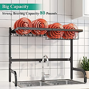 Parosan Dish Drying Rack Over Sink Adjustable (25.5"-33.5"), 2 Tier Iron Expandable Dish Rack Drainer with 5 Utility Hooks, Kitchen Counter Organizer Storage Space Saver Shelf (Black)
