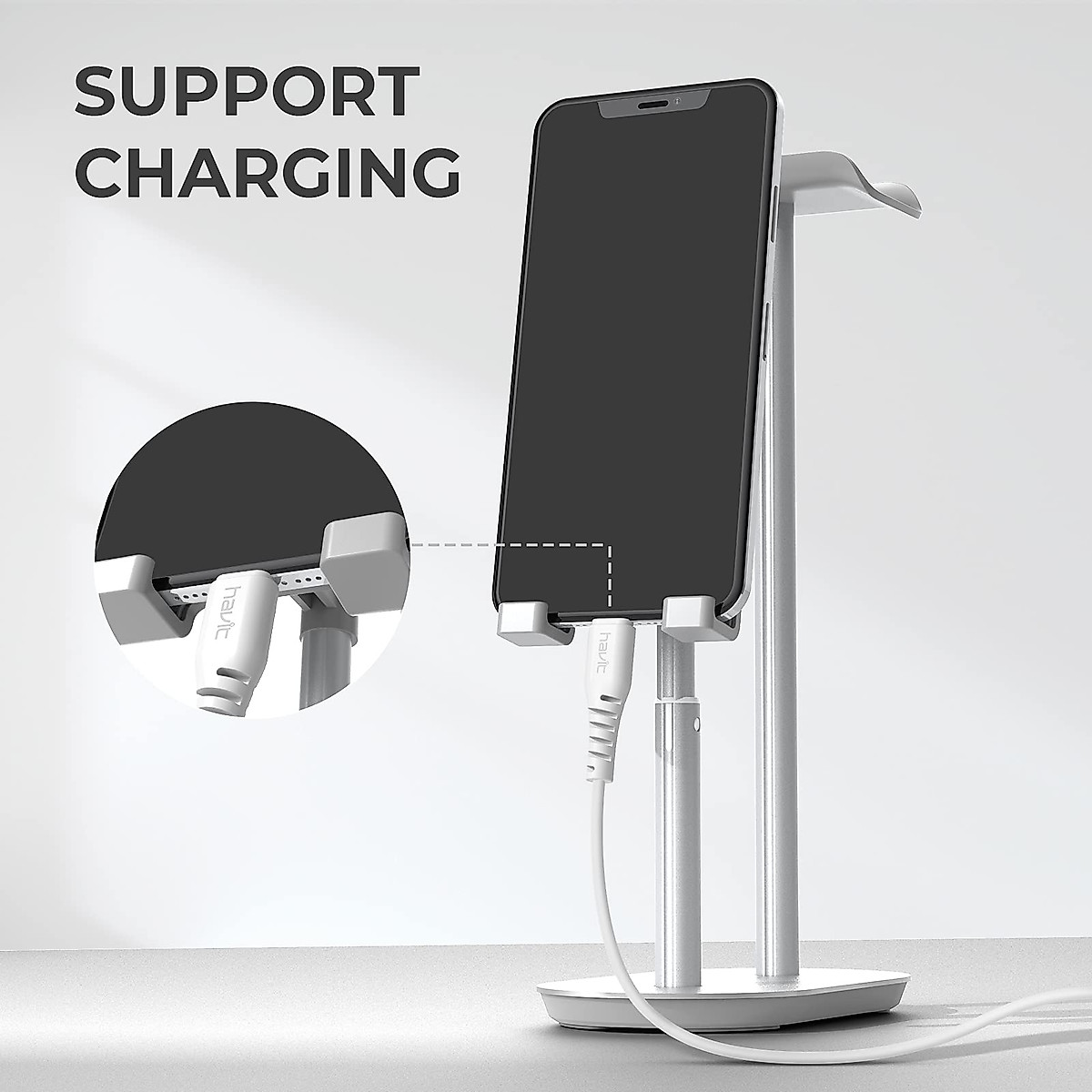 havit Cell Phone and Gaming Headset Stand, Headphone Holder, Adjustable Phone Stands, Aluminum Desktop Headphone Holder for Desk, for 0.55'' Thick Smartphone Kindle Tablet