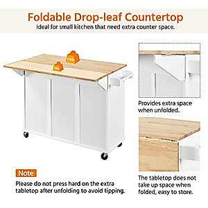Yaheetech Kitchen Cart with Drop-Leaf Countertop, Kitchen Island on 5 Universal Wheels with Storage Cabinet and 3 Drawers for Dinning Room, L53xW18xH36 in, White