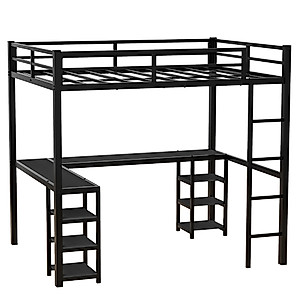 Loft Bed Full Size, Metal Loft Bed Frame with Desk and Storage Shelves, Heavy-Duty Kids Loft Beds with Ladder & L-Shape Desk for Boys Girls Teens, Black