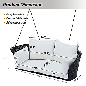 P PURLOVE 2-Seater Wicker Hanging Seat,Porch Swing Bench with Hanging Ropes,Cushion, Pillow, Rattan Swing Bench for Garden, Backyard, Pond,Black Wicker and White Cushion