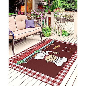 Absorbant Area Rug, Kitchen Decor Cartoon Chef Gourmet Food Dinner Table Wine Red Buffalo Check Outdoor Non-Slip Bottom Carpet Mat for Patio Camping Rv Picnic Backyard Deck Balcony Porch Beach 4x6 ft