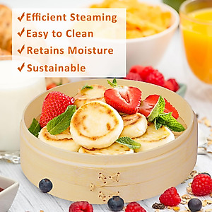 Bamboo Steamer Basket, 2-Tier Dumpling Steamer for Cooking, Bamboo Steamer 10 Inch Vegetable Steamer, Food Steamer for Meat, Dim Sum, Bao Bun, Fish, Rice, HOFHTD Wood Cooking Steamer Basket