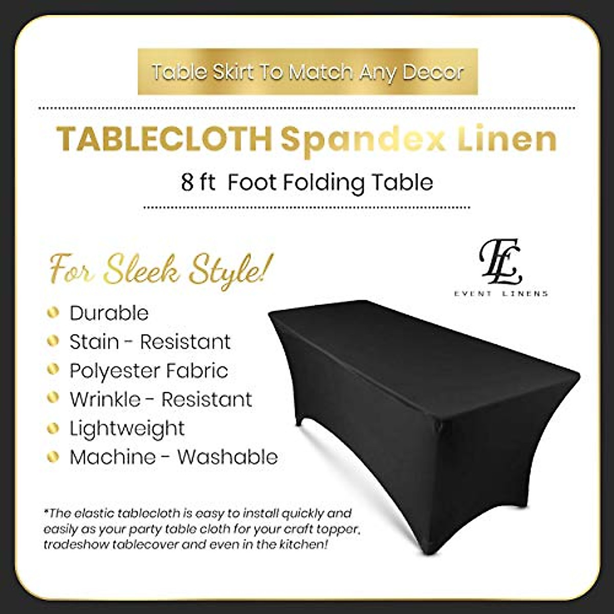 8ft Tablecloth Rectangular Spandex Linen - Black Table Cloth Fitted Cover for 8 Foot Folding Table, Wedding Linens Banquet Cloths Rectangle Covers