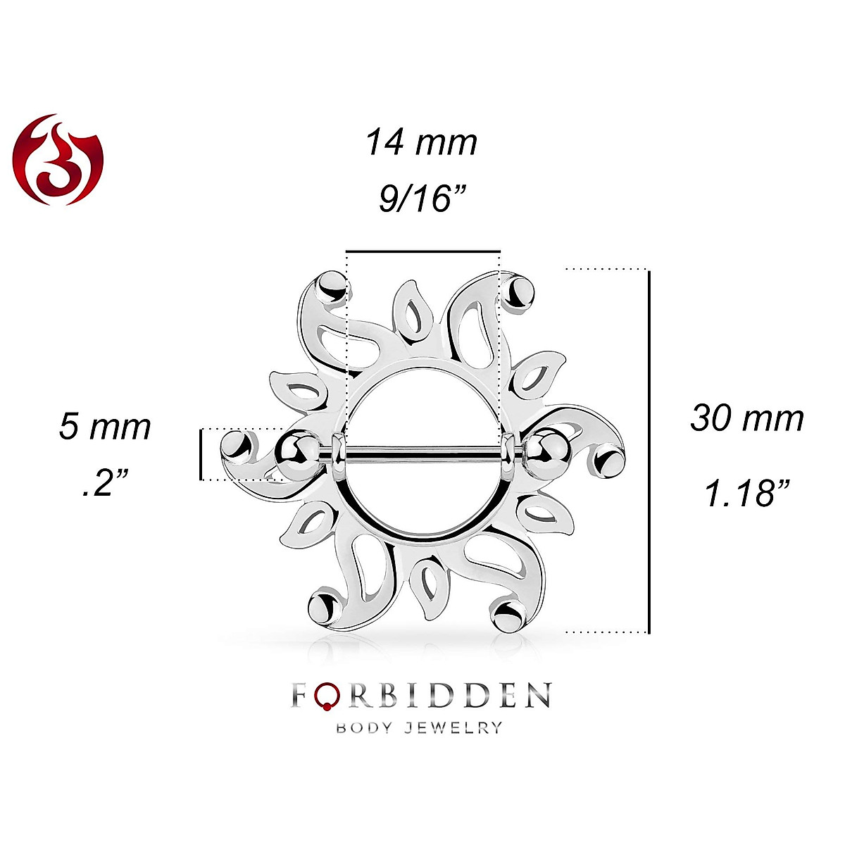 Forbidden Body Jewelry Pair of Surgical Steel Sexy Tribal Sun Nipple Piercing Shields, 9/16 Inch Barbells, Silver Tone