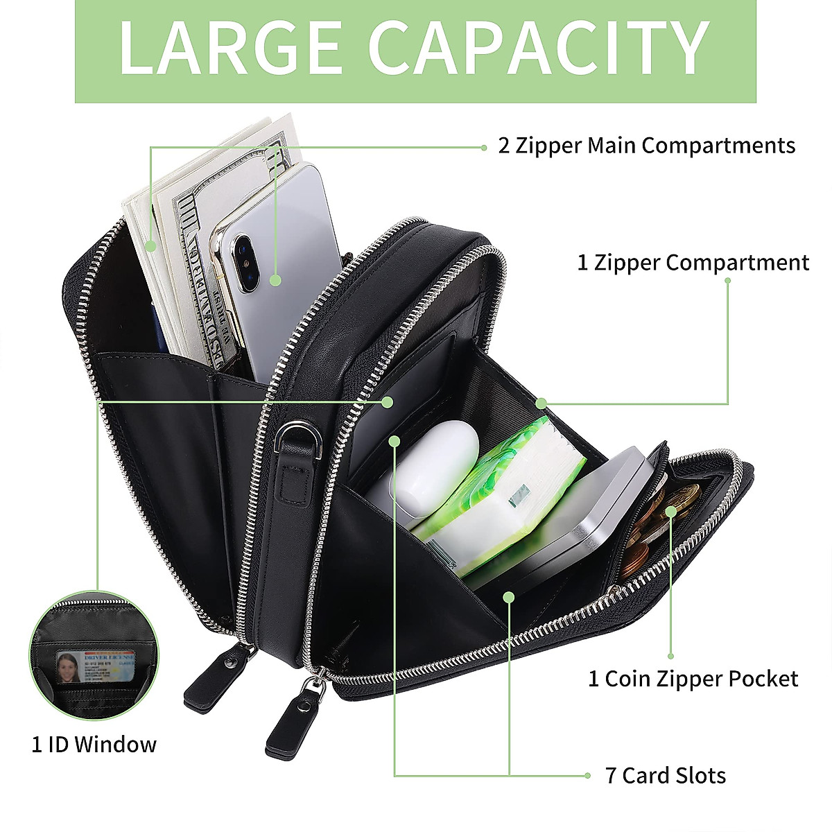 Crossbody Bags for Women, Women Wallet in Rhombus Embossed Pattern with RFID Blocking Can Fit Most Phone (Black)