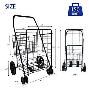 Lehboson Jumbo Folding Shopping Cart,Collapsible Shopping cart with Double Basket and 360-Degree Wheels, Utility Cart for Grocery Laundry Book Luggage Travel （Black）