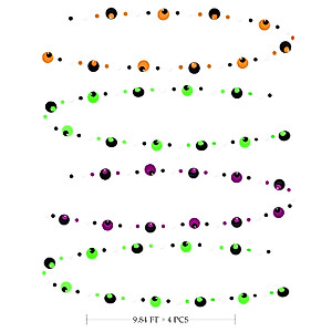 Halloween Eyeballs Garland Decorations Orange Purple Black Green Neon Paper Bunting Banner Streamers Black Light Circle Dots Hanging Decorations for Halloween All Hallows Eve Birthday Party Supplies
