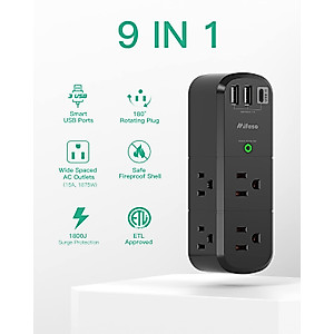 USB Outlet Extender Surge Protector - with Rotating Plug, 1800 Joules, 6 AC Multi Outlet and 3 USB Ports (1 USB C), 3-Sided Swivel Power Strip with Spaced Splitter for Home, Office, Travel