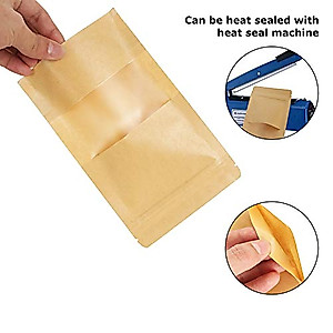 100 Pack 4.7 x 7.8 Inch Stand Up Kraft Bags with Clear Window, Stand Up Ziplock Seal Paper Bag Pouch Bags, Resealable Large Food Storage Pouch Bags, Heat-Sealable and Tear Notch