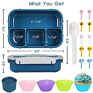 Lunch Box Kids, Bento Box Adult Lunch Box, Lunch Containers for Adults Kids Toddler, 1300ML-4 Compartment Bento Lunch Box w/ Food Picks Cake Cups, Microwave/Dishwasher/Freezer Safe, BPA Free (Blue)
