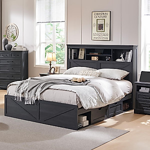 ACCOHOHO Farmhouse Full Size Wood Bed Frame with 52" Tall Storage Headboard and 4 Drawers,LED Light,Charging Station,Solid Wood Slats Support,Noiseless,No Box Spring Needed,Black
