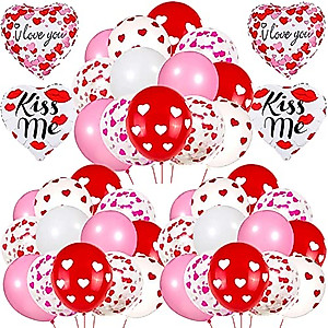 Valentines Day Decorations, 64Pcs Pink White Heart Print Balloons Heart Confetti Balloons Foil Balloons for Valentines Day Proposal Engagement Wedding Party Decorations