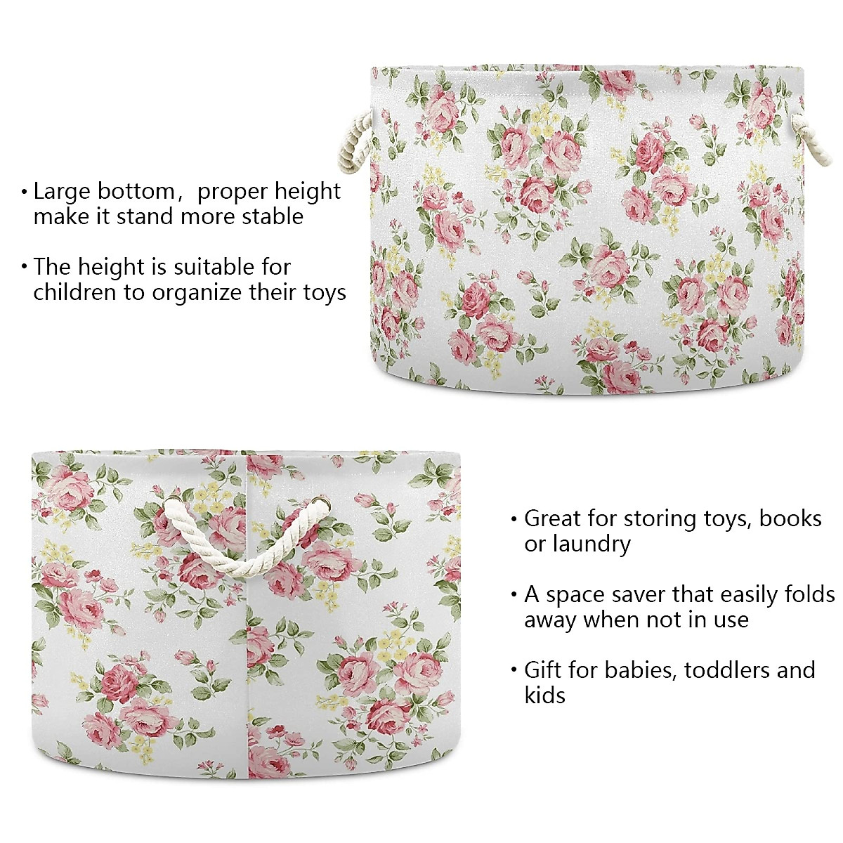 senya Large Storage Basket Pink Rose Flower Floral for Toys Clothes Storage Bin Box Laundry Hamper Organizer Bag with Handles