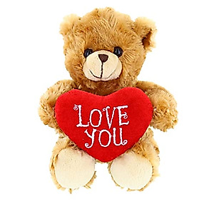 Plushland Stuffed Mocha Heart Bear – Love You- Plush Bear Toy for Kids & Adults - Embroidered Heart Pillow - Brown-6 inches