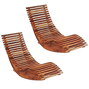 vidaXL 2X Solid Acacia Wood Rocking Sun Loungers Rocking Chair Chaise Lounge Outdoor Daybed Foldable Water Resistant Stable Durable Brown