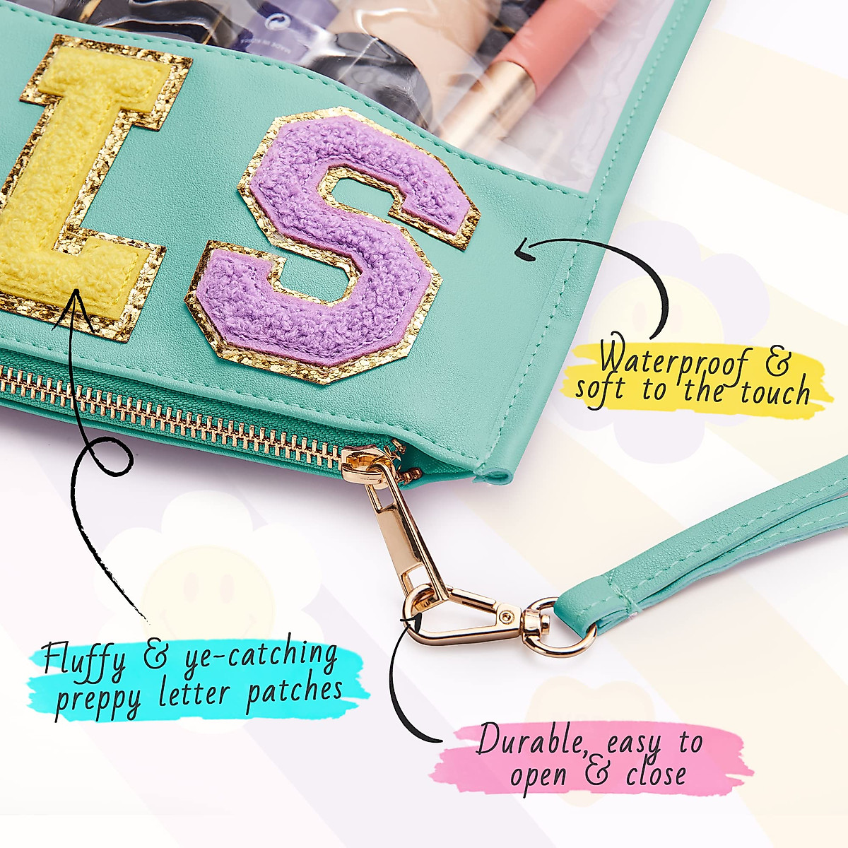 BAGMIND Large Chenille Letter Bag, 2 PCS Preppy Stuff Clear Bag, PU Waterproof Snack Makeup Sunscreen Bag Travel Cosmetic Pouch, Gift for Women Girls