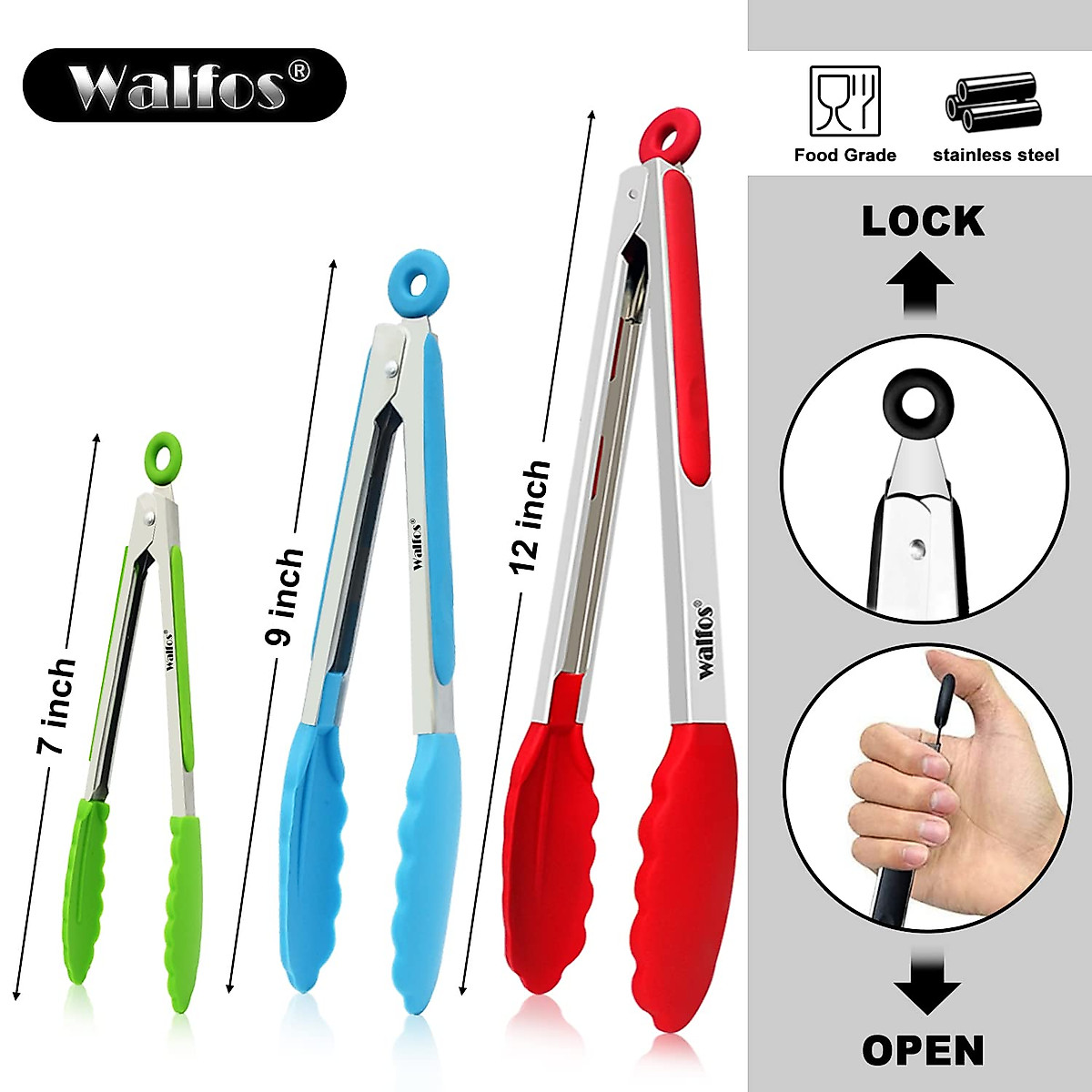 Walfos Silicone Tongs for Cooking - Heat Resistant kitchen tongs for Salad,Cooking, Grilling,Stainless Steel and BPA Free Silicone Tips set of 3 (7" 9" and 12 inch)