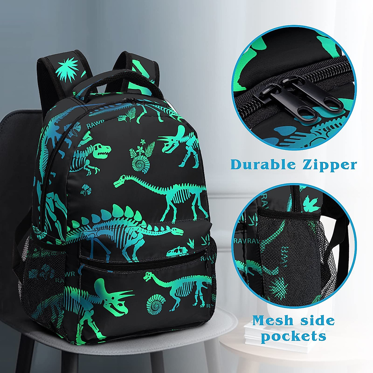 Dacawin Kids Backpack for Boys Girls Neon Green Dinosaur Skeletons Bookbag Kindergarten Preschool Nursery School Bag Lightweight Travel Back Pack