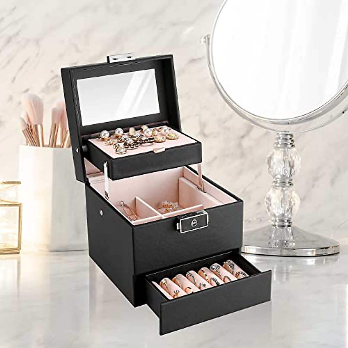 ProCase Jewelry Box for Girl Women Traveling, Ideal Gift Small 3 Layers Jewelry Organizer Display Storage Holder Case with Mirror Lock for Earrings Rings Necklaces Bracelets -Black