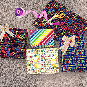 THMORT Birthday Wrapping Paper for Kids, Boys&Girls, Adults.Gift Wrapping Paper sheet With Black Background, Rainbow Star Stripe Happy Birthday for Baby Shower,Pack of 12 Sheets 20 X 29 Inch.